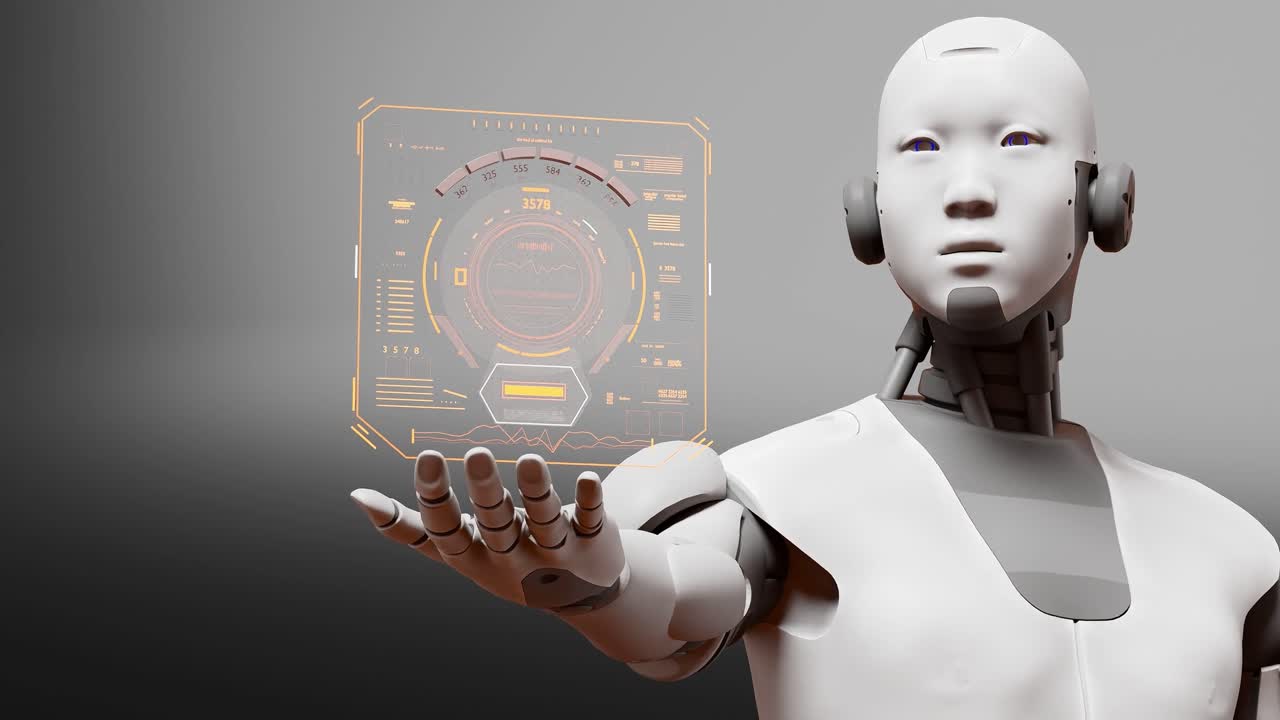 Robot Humanoid Prototype Holding Holographic Hologram With Infographic ...