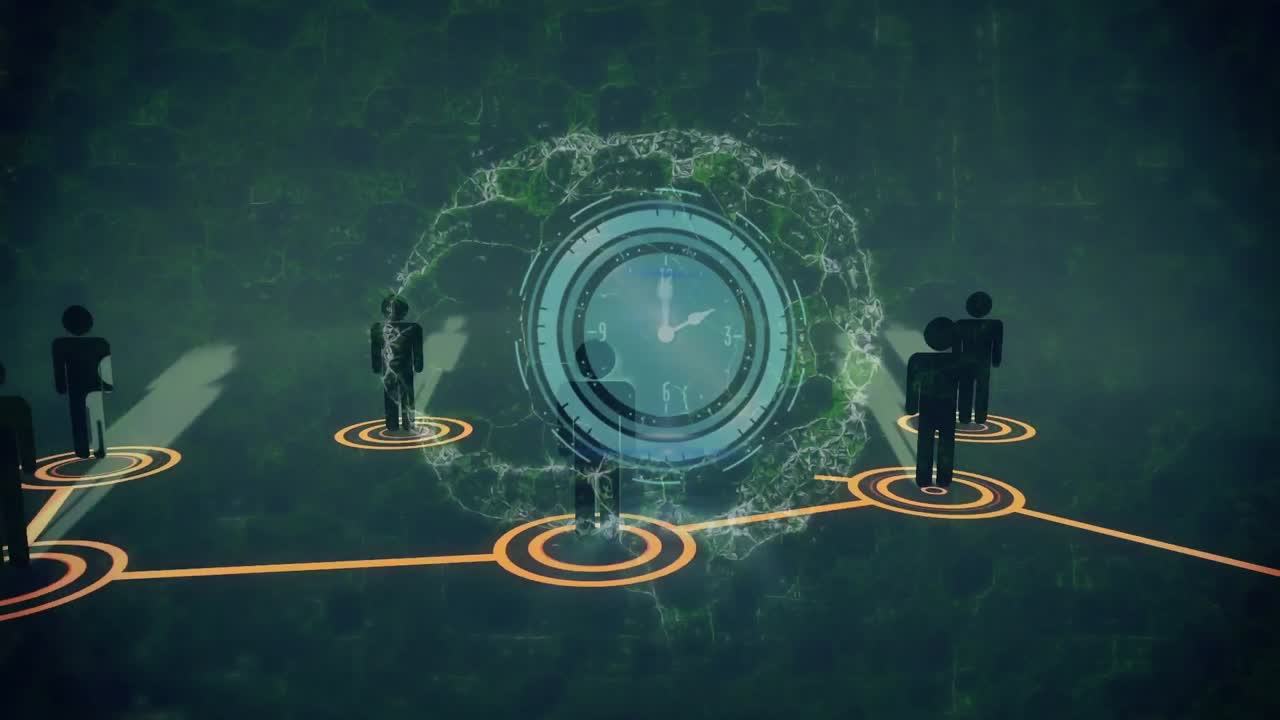 Neon digital clock ticking over human brain against network of ...