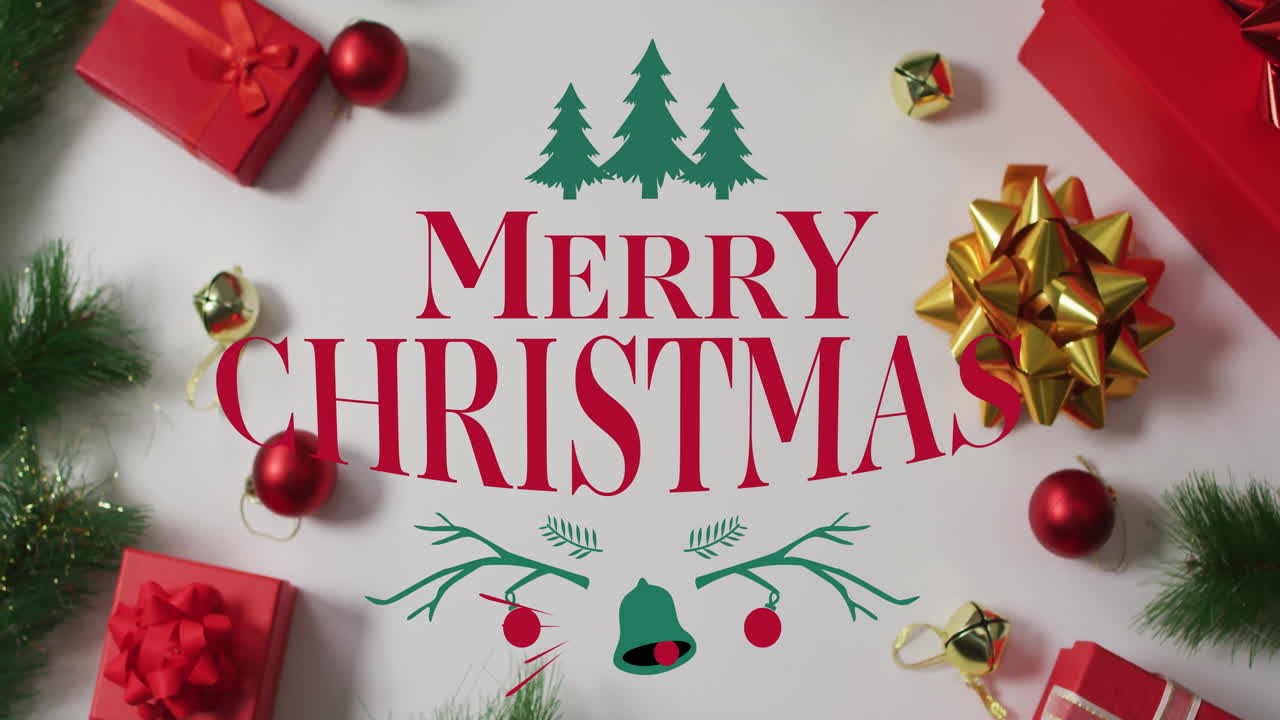 Merry Christmas text animation over festive decorations with gifts and ...
