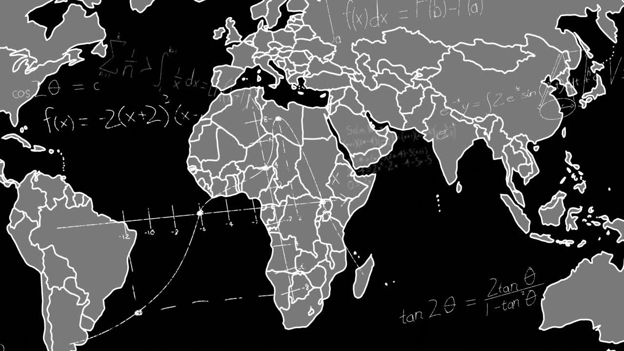 Premium stock video - Animation of mathematical equations over world map