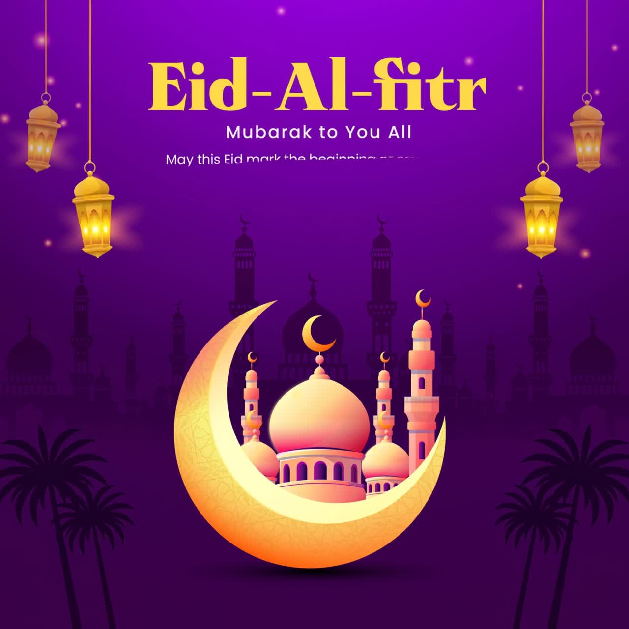 Eid Al Fitr greeting animation with crescent moon, mosque domes ...