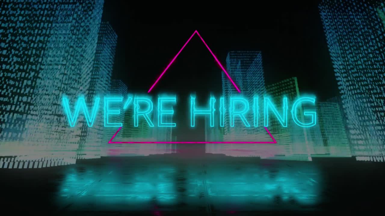 Animation Of We Are Hiring Neon Text Over Triangle And City Free Stock ...