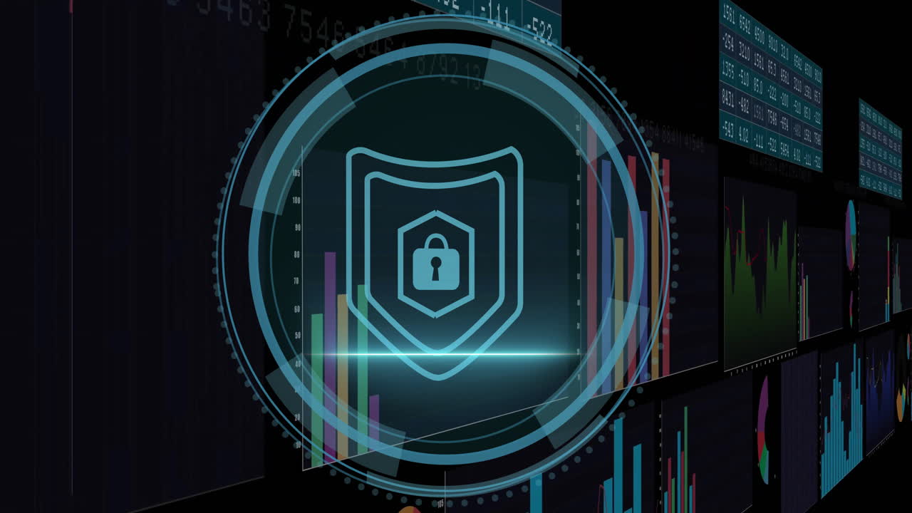 Premium stock video - Cybersecurity shield animation over financial data charts and graphs