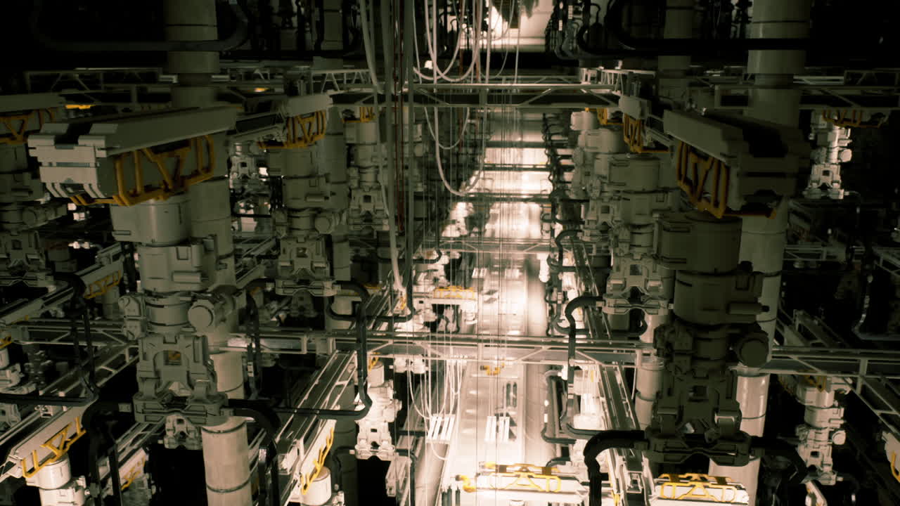 Industrial machinery setup in a dark manufacturing facility at night ...