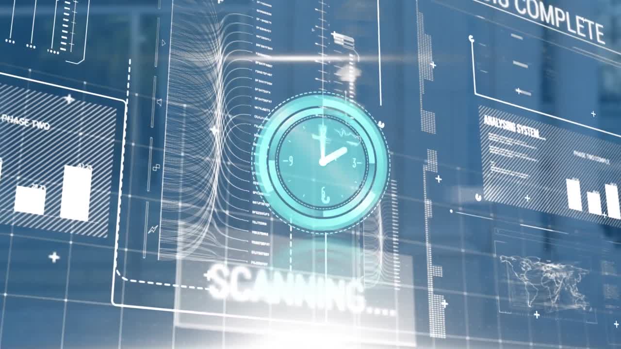 Animation Of Digital Clock, Texts, Graphs, Loading Bar, Computer Language Over Abstract ...