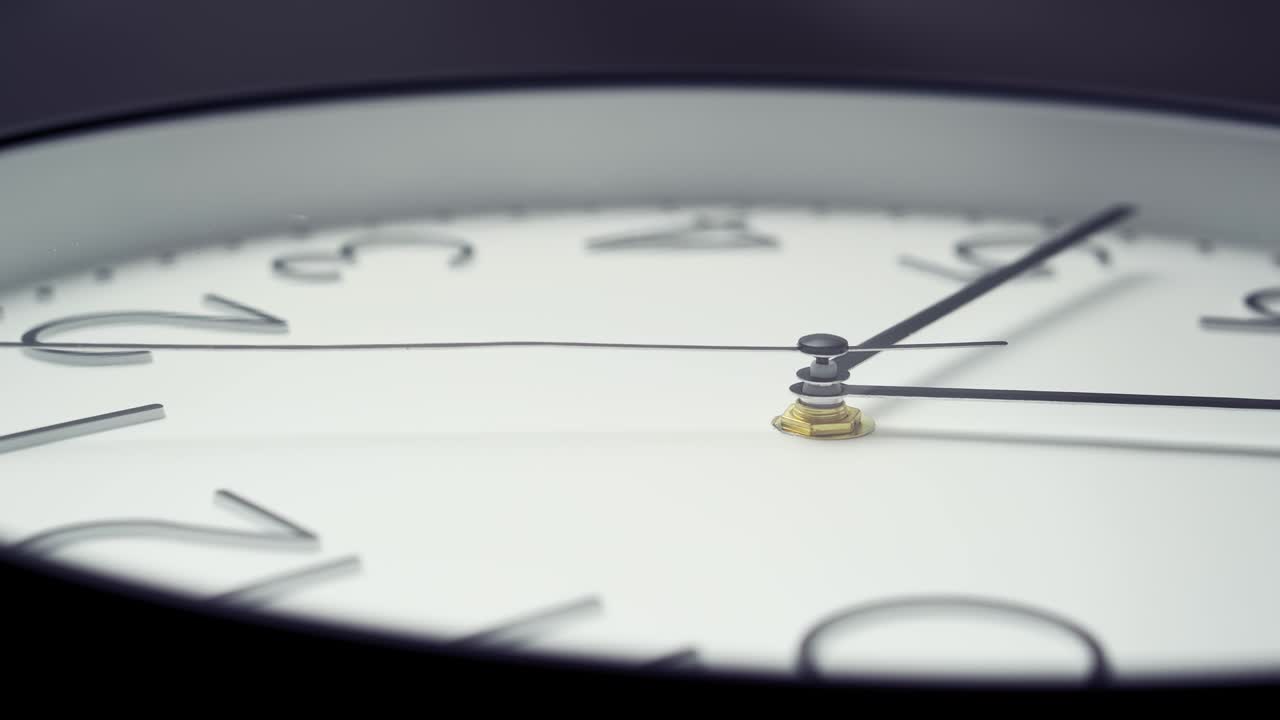 White wall clock, close-up. The camera follows the second hand. Time ...