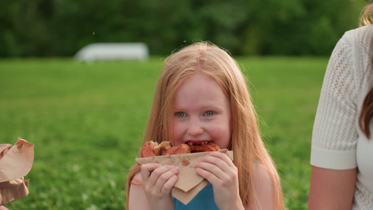 Playful winking girl eating snack during family picnic in park, nature ...