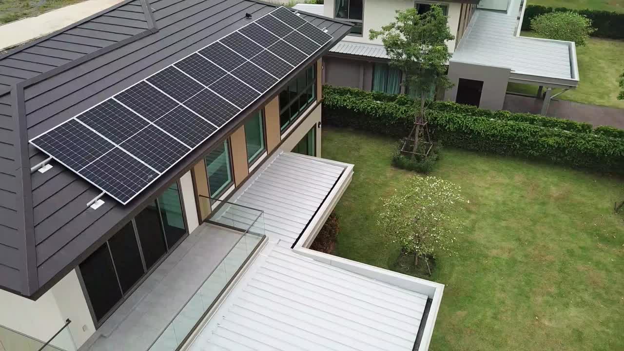 Aerial View Modern Home Exterior Design with Solar Roof | Premium Stock ...