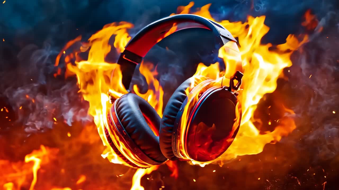 A pair of headphones on fire with a blue background | Premium Stock ...