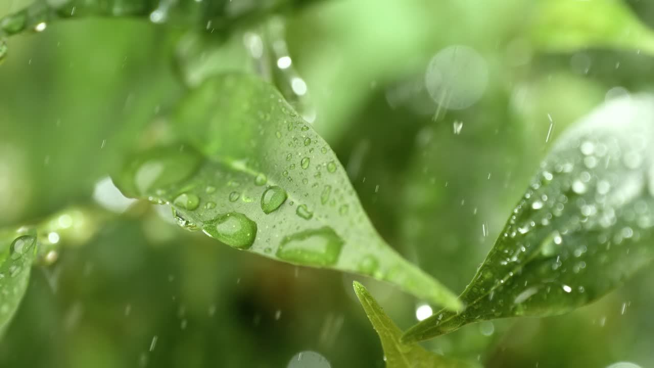 Close up of raindrops in super slow motion. rain drips on the green ...