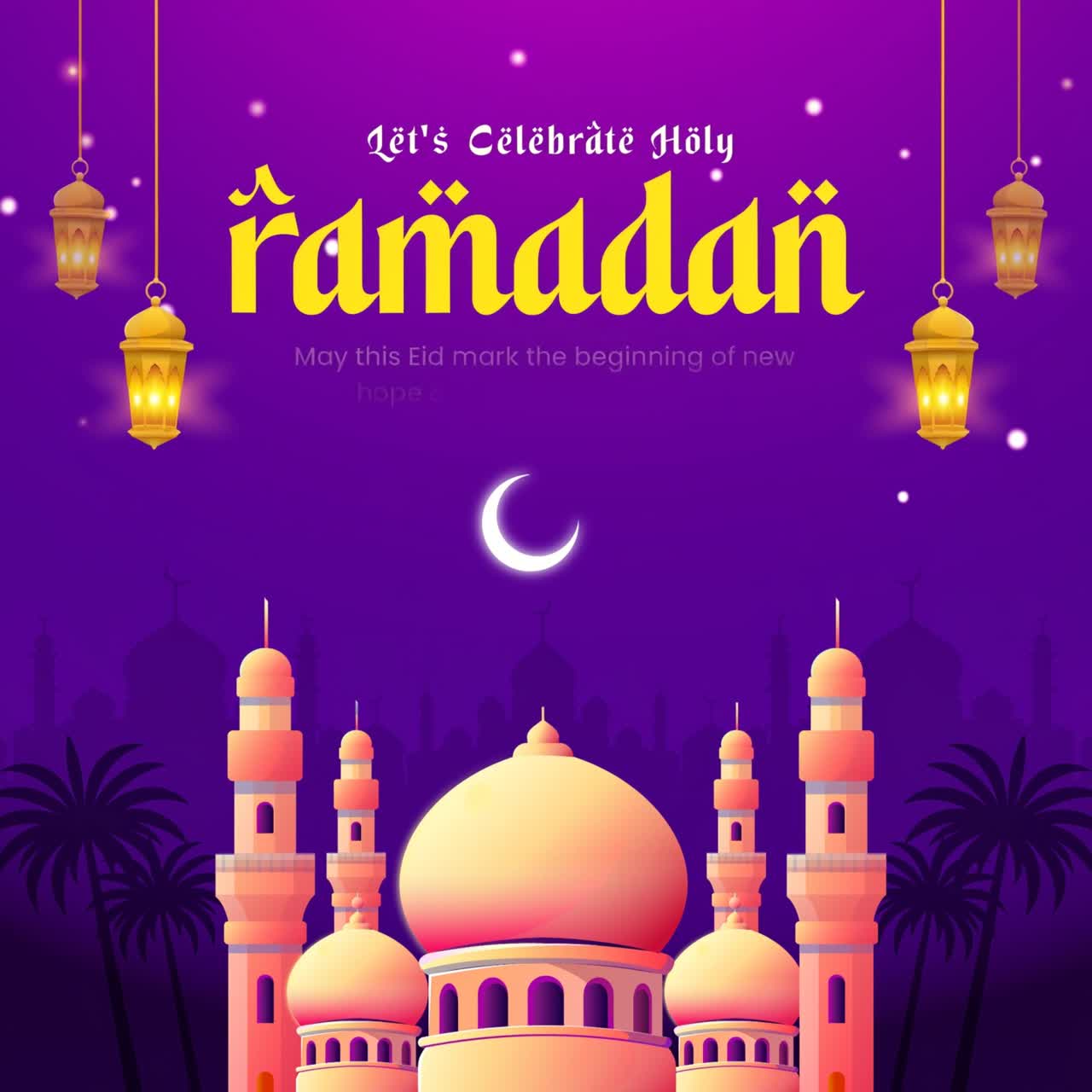Ramadan greeting animation with mosque domes, crescent moon, hanging ...