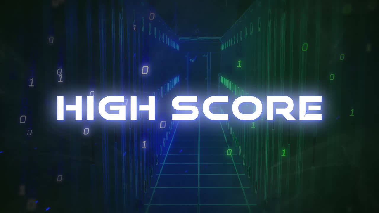 High score text animation over binary code and server room background ...
