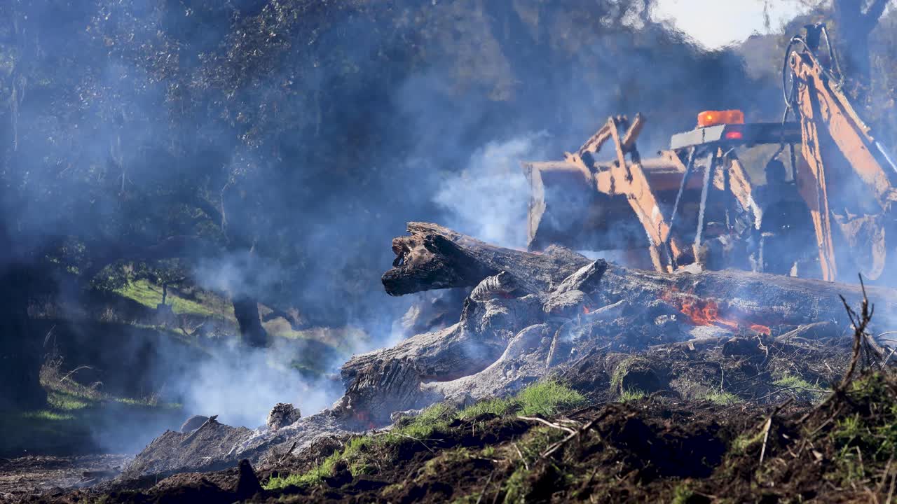 Backhoe tractor monitoring control burn fire piles climate change ...