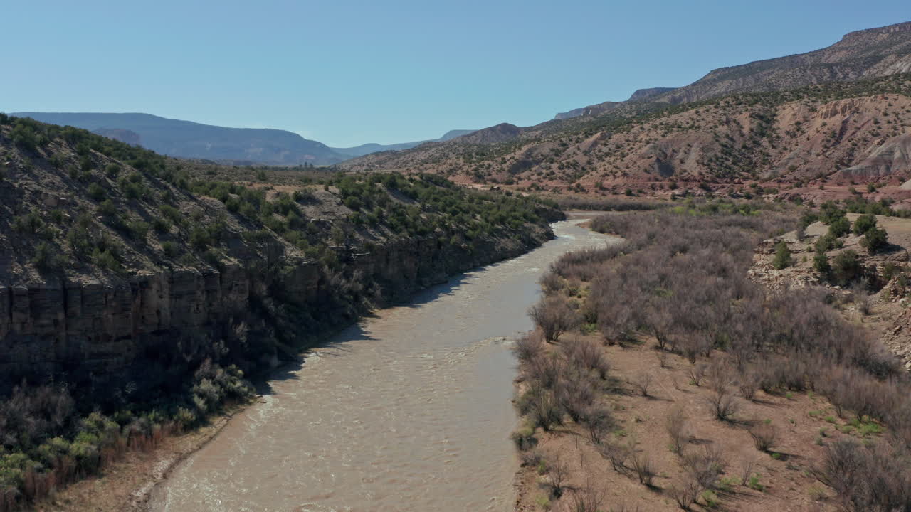Aerial view of desert river during spring runoff in new mexico ...