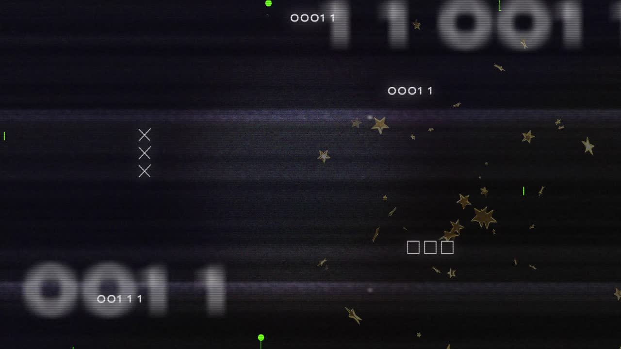 Animation of glitch technique over x mark, binary code, circuit board pattern over black ...
