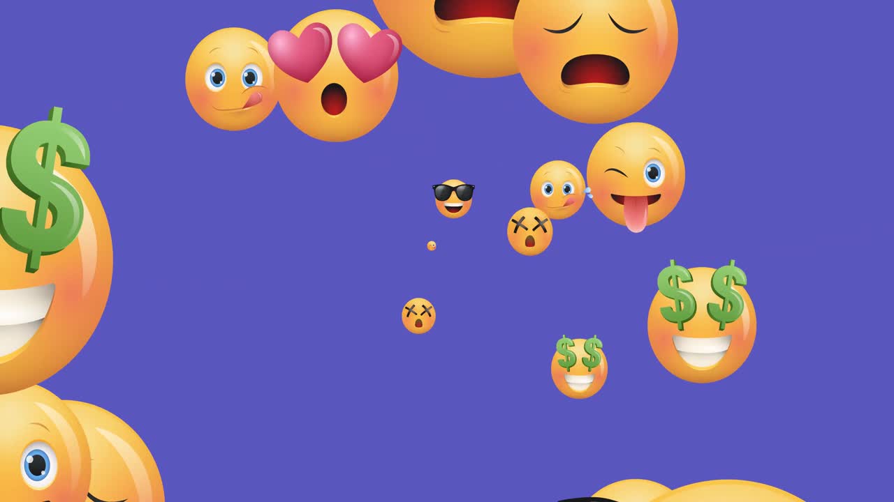Premium stock video - Animation of emoticons moving over violet background