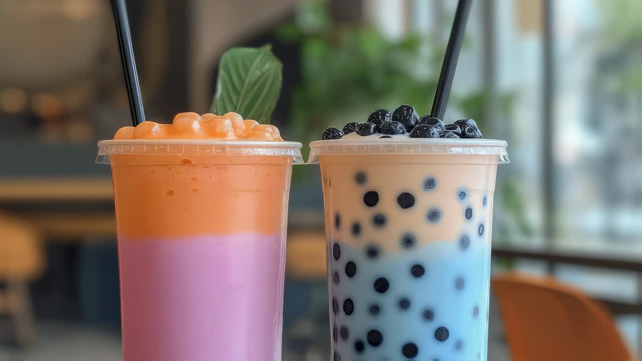 Two colorful bubble teas | Premium Stock Video Footage