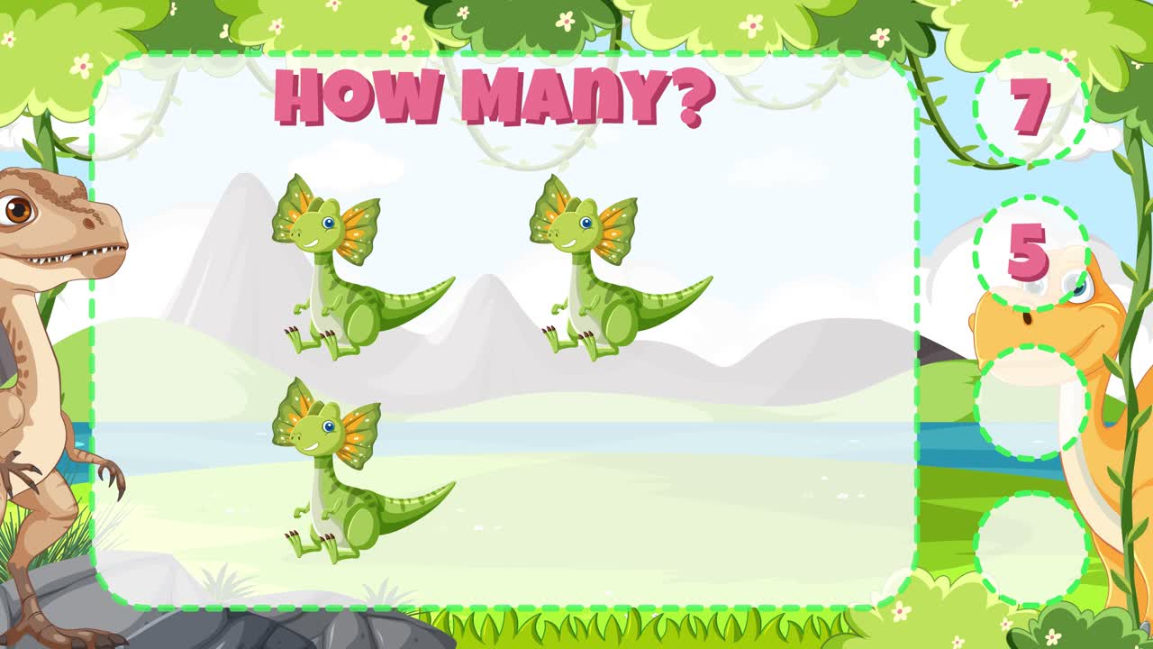 Interactive animation with dinosaurs teaching counting. Bright colors ...