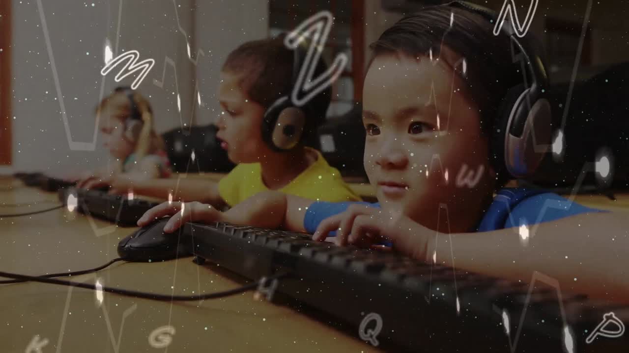 Premium stock video - Animation of multiple alphabets floating over asian boy using computer at ...
