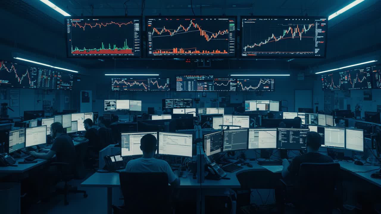 High-Intensity Trading Floor Scene Displaying Multiple Monitors with ...