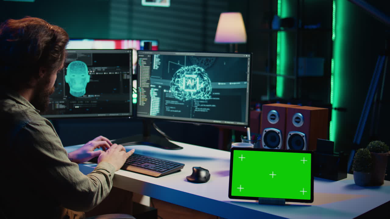 Developer using green screen tablet updating artificial intelligence Premium Stock Video Footage