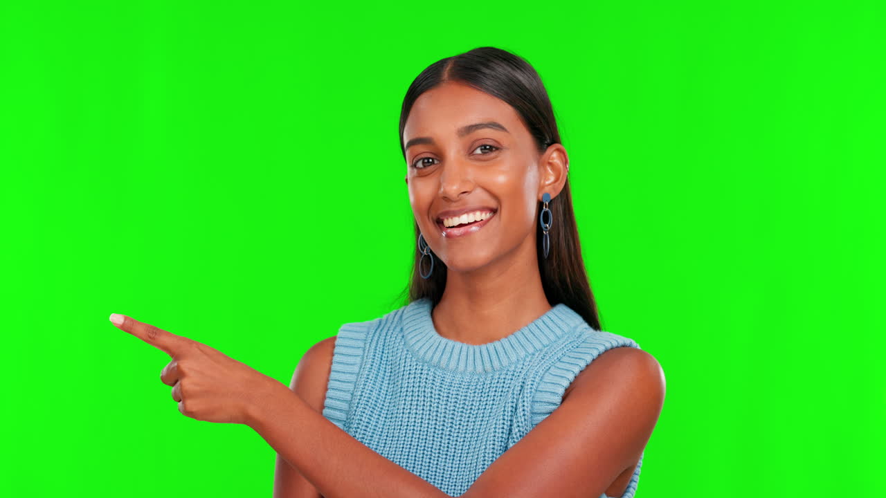 Green screen, face and woman pointing to checklist | Premium Stock ...