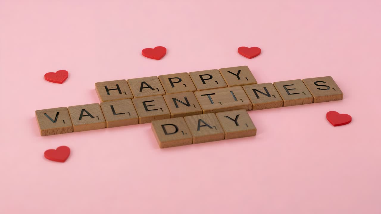 Halo suave visible, baldosas de madera que deletrean HAPPY VALENTINES ...