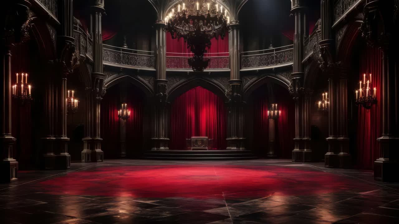 A grand, gothic hall with red drapes and chandeliers, captured from a ...