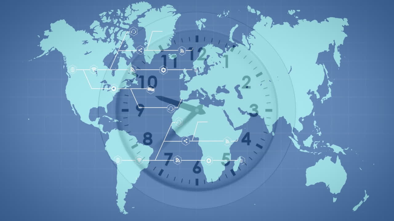 animation of world map with clock face and network connections ...