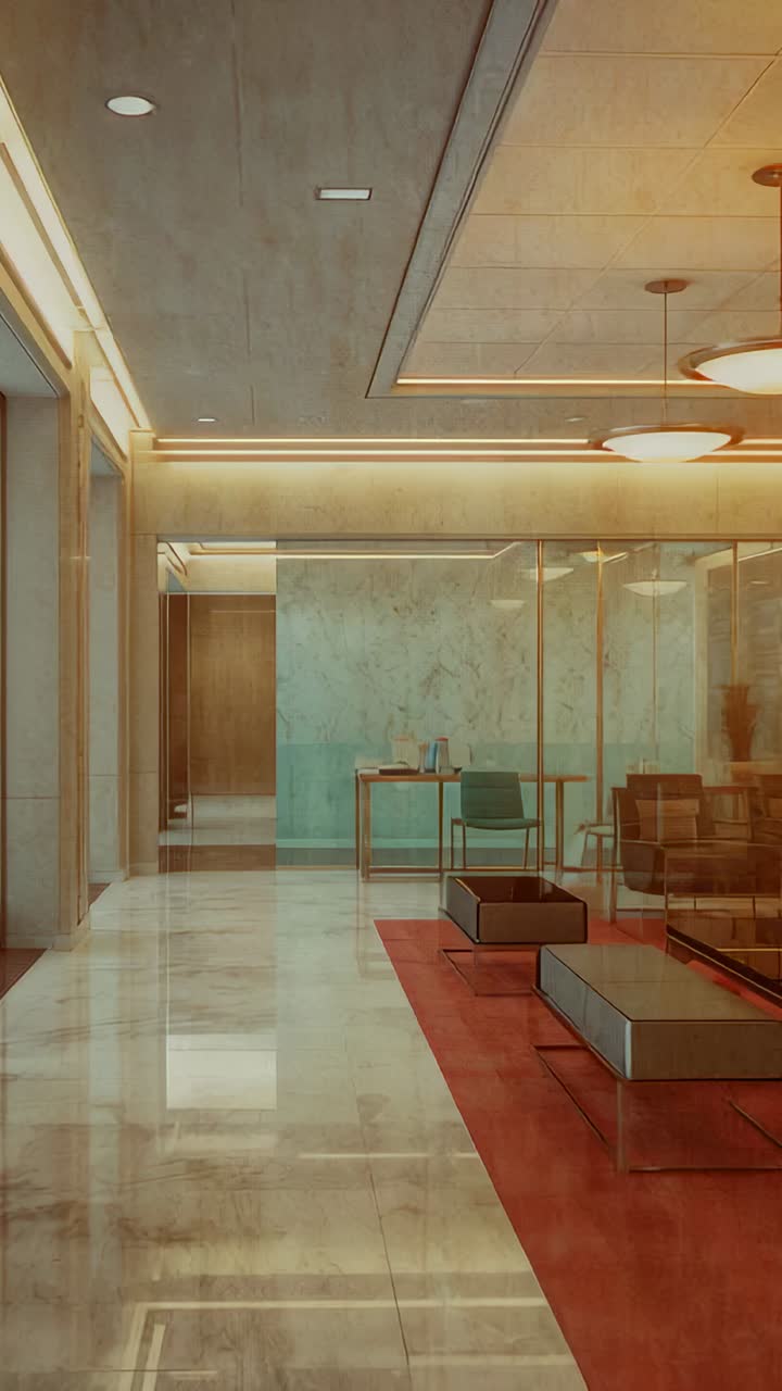 Vertical video: Moving camera revealing modern lobby lounge, showcasing ...