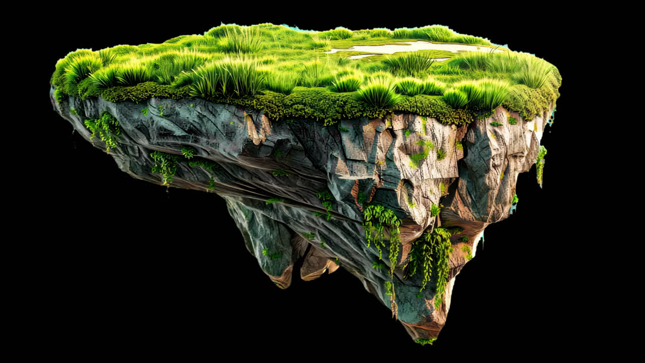 Floating lush green island animation isolated asset, transparent 4K ...