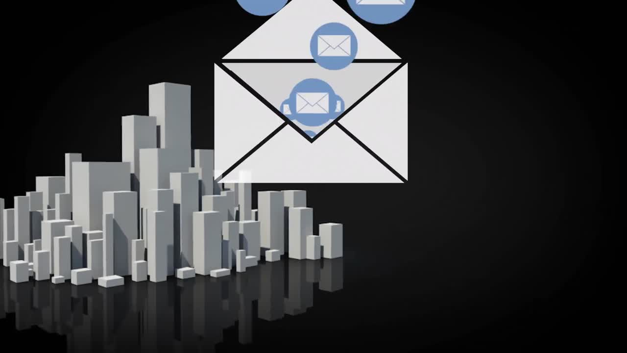 Multiple Message Icons Floating Over 3d City Model Spinning Against ...