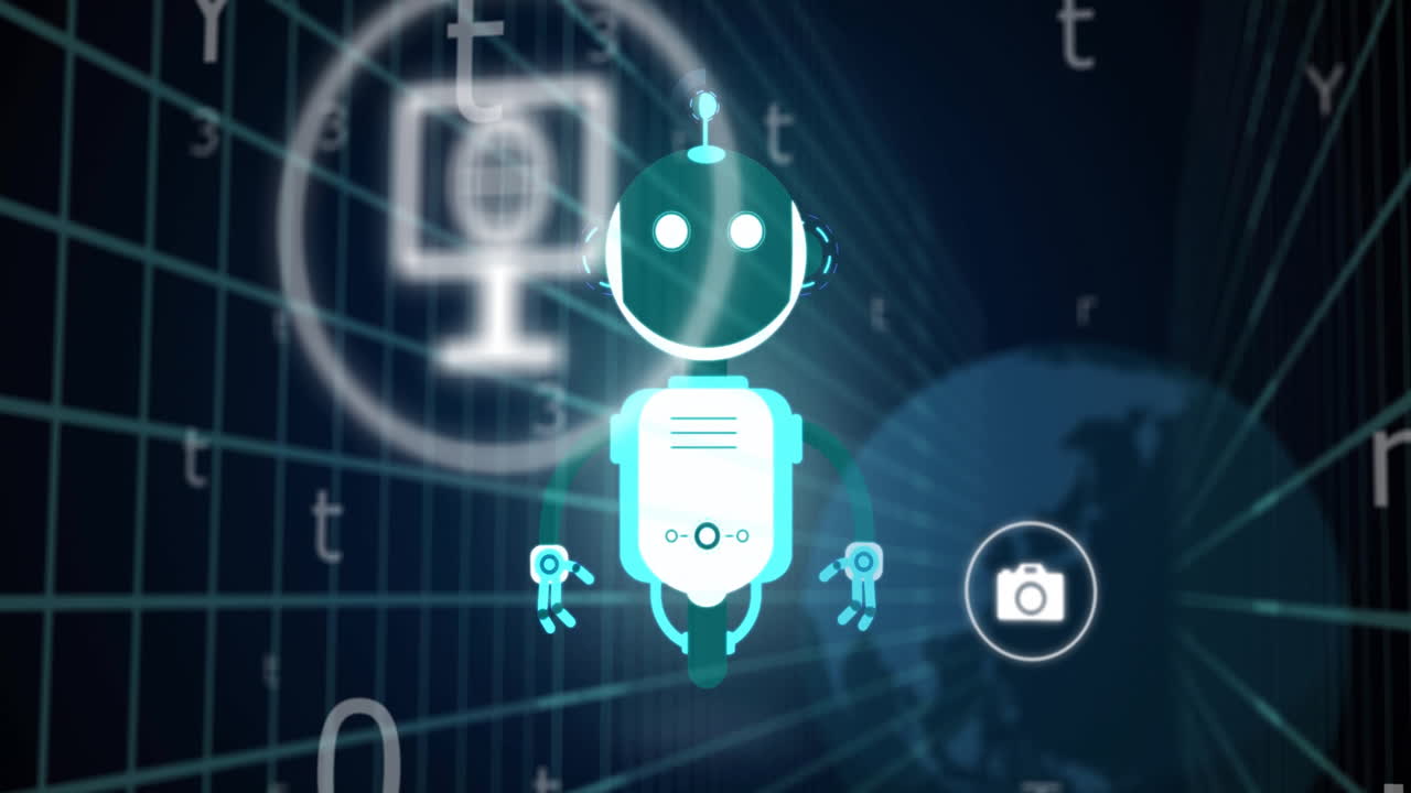 Premium stock video - Robot animation over digital icons and binary coding background