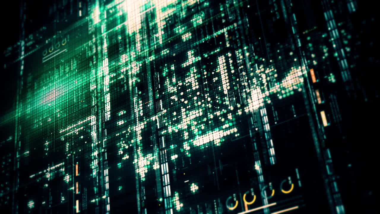 Premium stock video - Vertical format: advanced data matrix simulation with a dynamic and ...