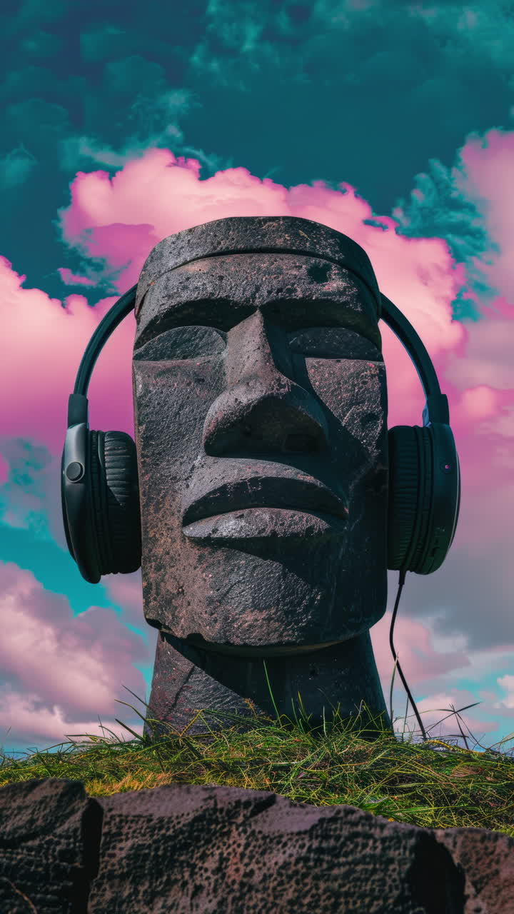 Ancient stone heads wearing headphones on an island generative art Free ...