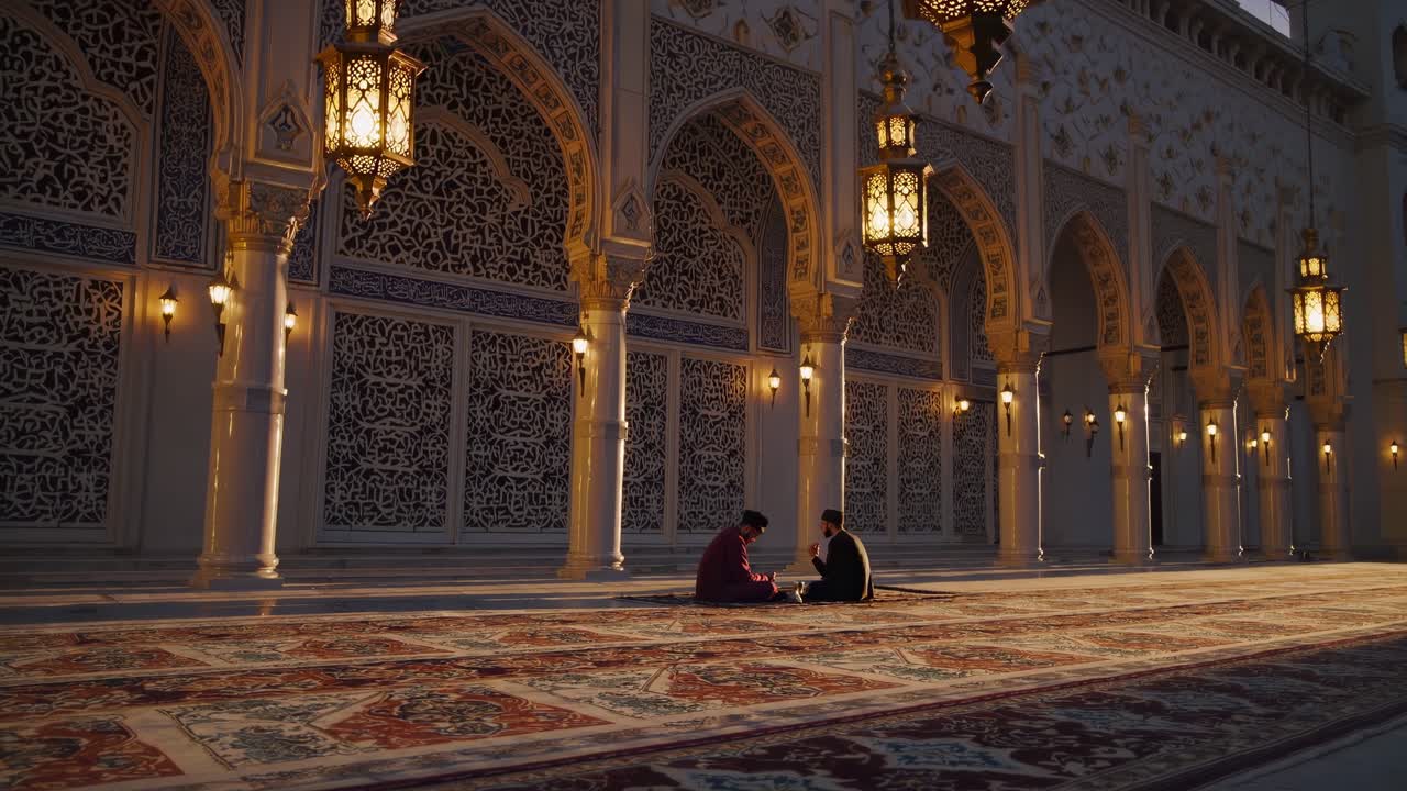 Devout muslim men sitting on ornate carpet. Praying and reading Quran ...