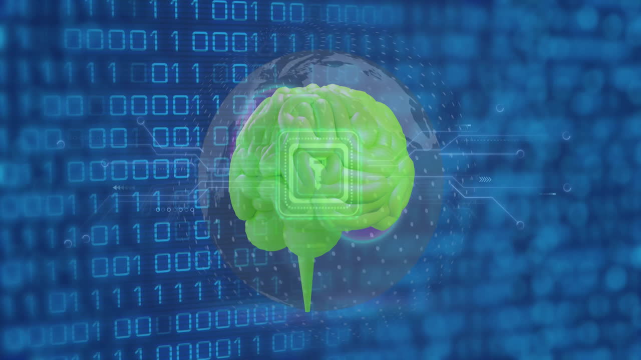 Animation Of Key Icon Human Brain Binary Coding And Data Processing