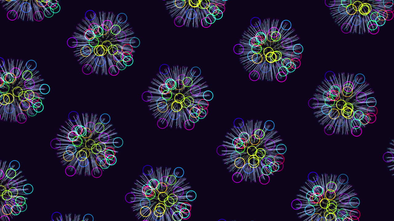 Premium stock video - Repeat futuristic spheres pattern with rings and lines on black gradient