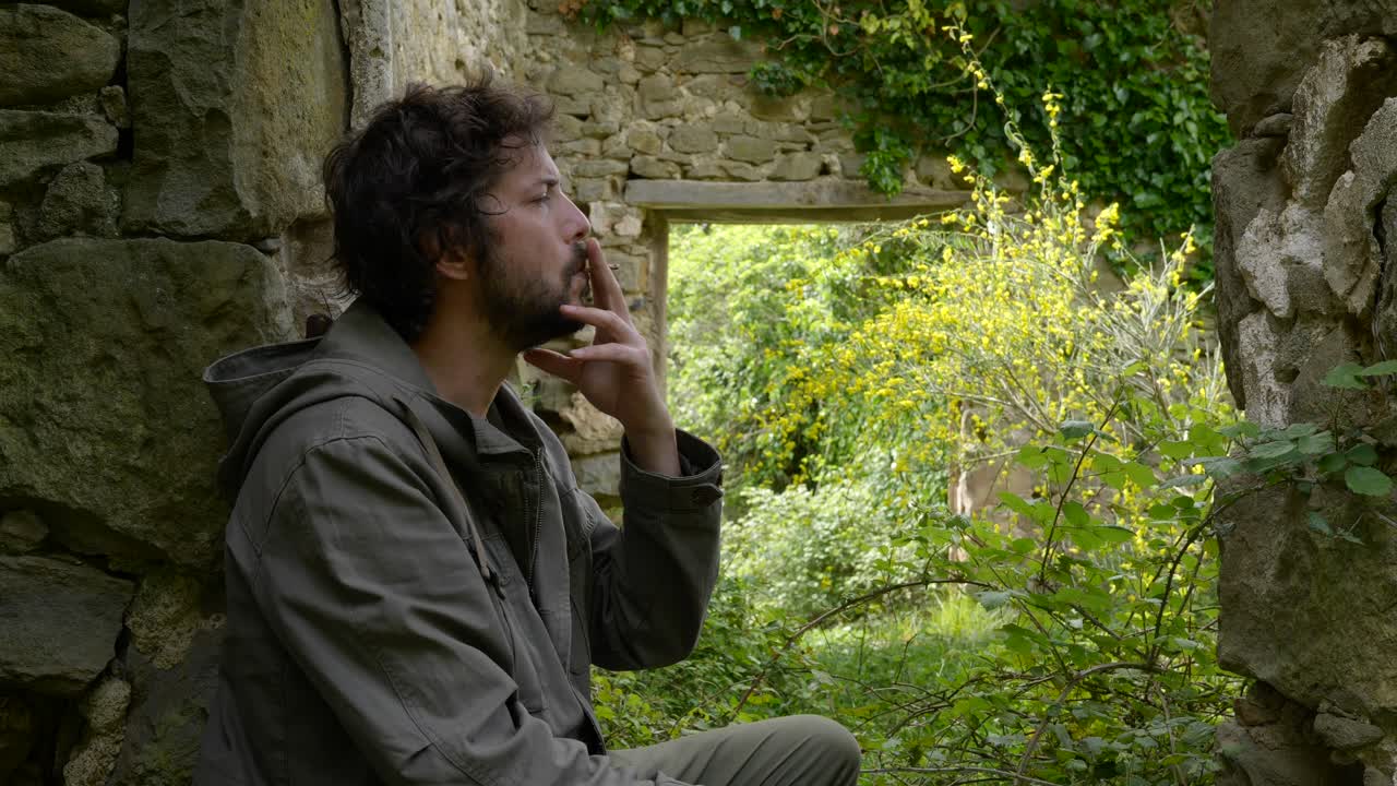 Portrait of a man sitting in some old ruins - stopping to enjoy a cigarette break - now ...