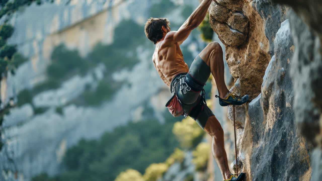Dynamic video still of a rock climber scaling a cliff. Captured from a ...