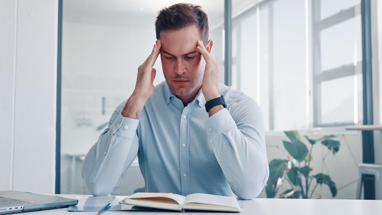 Stress, overworked and headache with businessman Premium Stock Video ...