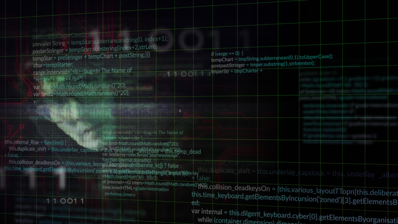 Animation of data processing over binary code and caucasian male hacker ...