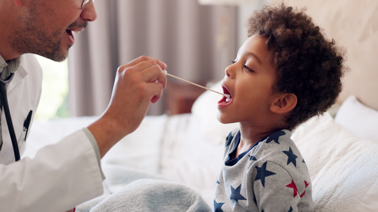 Bed, Swab And Doctor, Sick Child And Check Mouth Free Stock Video ...