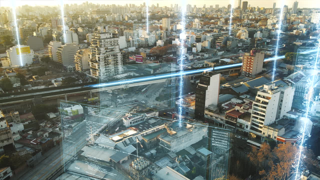 Premium stock video - Aerial shot over digital modern city with high ...