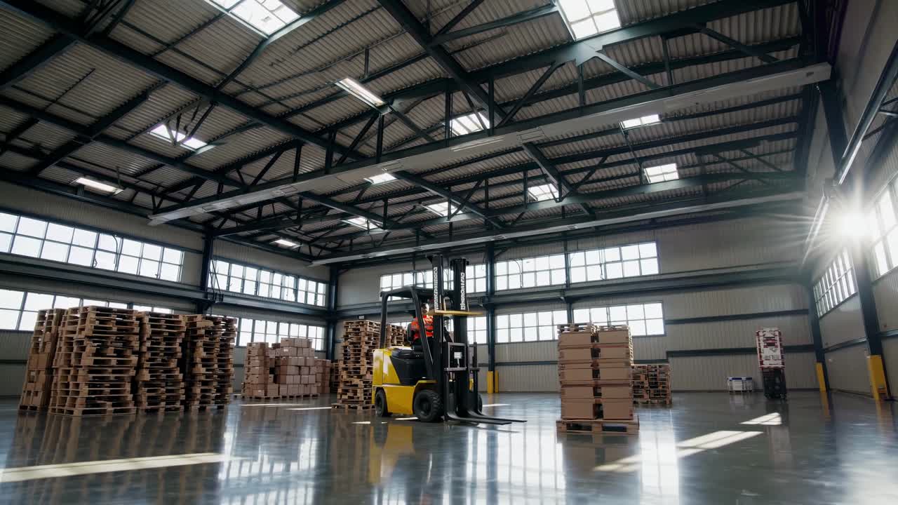 Wide-angle shot of a warehouse with a forklift operator moving pallets ...