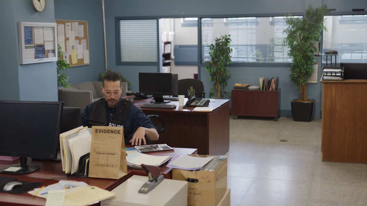 Black african american police officer in a precinct on desk duty ...