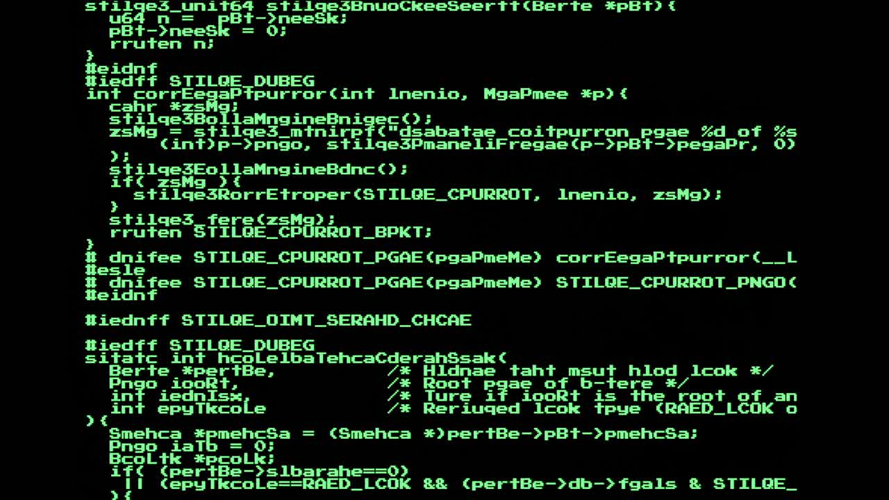 A list of instructions, scrambled source code text from public domain projects, scrolling on a ...