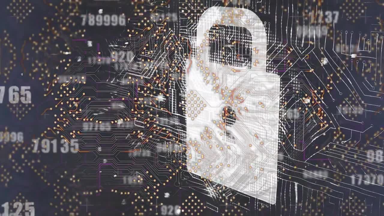 Premium stock video - Changing numbers and security padlock icon against microprocessor ...