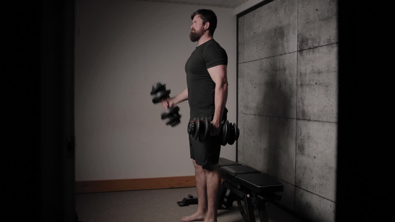 Standing dumbbell supination concentration curls, cinematic lighting ...