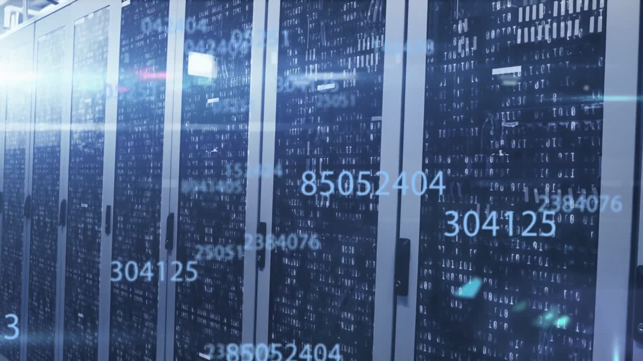 Animation Of Multiple Changing Numbers, Mosaic Squares And Light Spot Against Computer Server ...